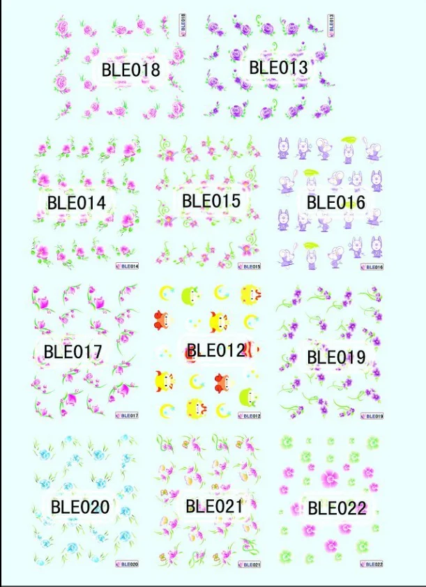 Ble 시리즈 12pcs 네일 아트 스티커 세트 손톱 아트 장식에 대 한 물 전송 전사 술 슬라이더 매니큐어 접착제 팁