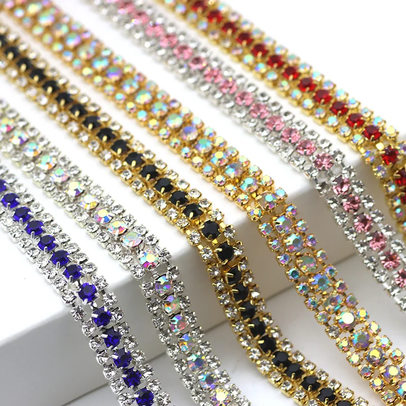 1 Yard 3 Rows Crystal + Color Ab Rhinestone Cup Chain Silver Base With ...