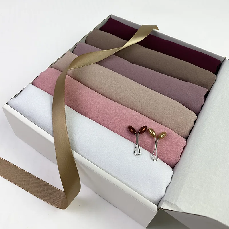 이슬람 쉬폰 히잡 스카프 여성 솔리드 컬러 목도리 헤드 랩 이슬람 히잡 헤드 스카프 사용자 정의 선물 상자 풀라 팜므 Hello