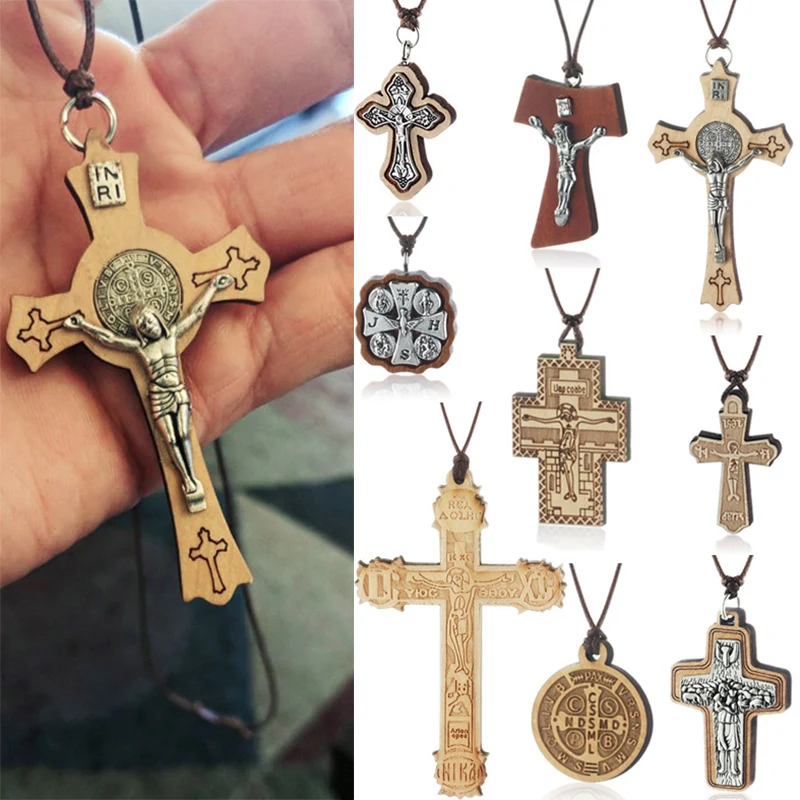 Catholic Crucifix Pendant Necklaces For Men Wood Cross Necklace Leather ...