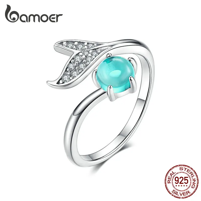 BAMOER Mermaid Ring 925 Sterling Silver Blue Ocean Stone Tear Fish Tail ...