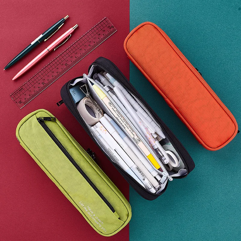 Kawaii Pink Lattice Canvas Solid Color Large Capacity Stationery Pencil ...