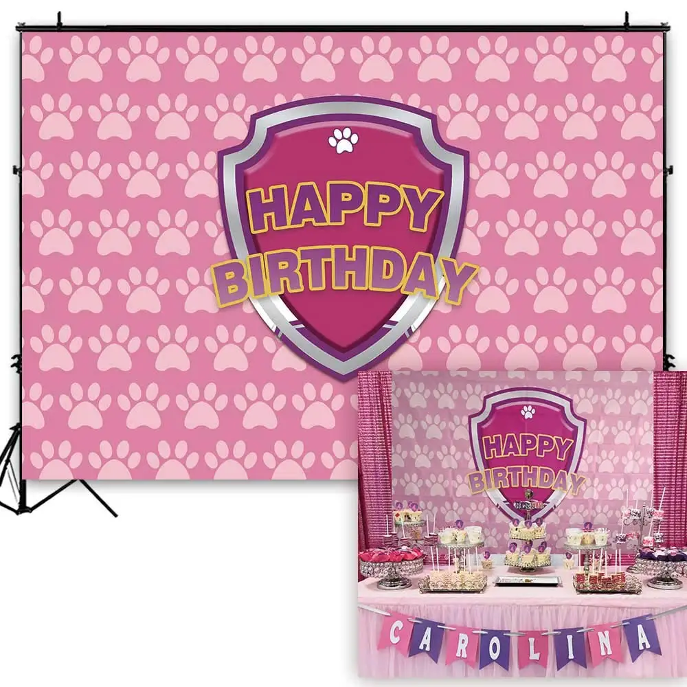 Pink Dog Paw Backdrop Baby Girls Cartoon Birthday Pet Theme Party ...