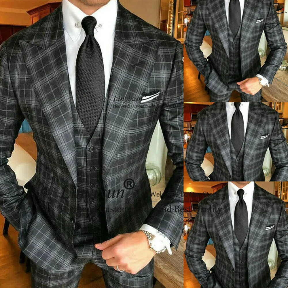 Plaid Men Suits Wedding Grid Party Peak Lapel Tuxedos Wide Lapel Coat ...