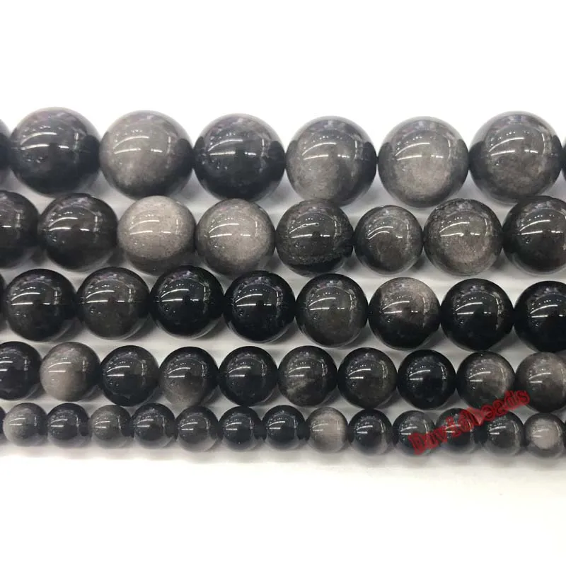 Natural Stone Silver Color Obsidian Stone Round Beads For Jewelry ...
