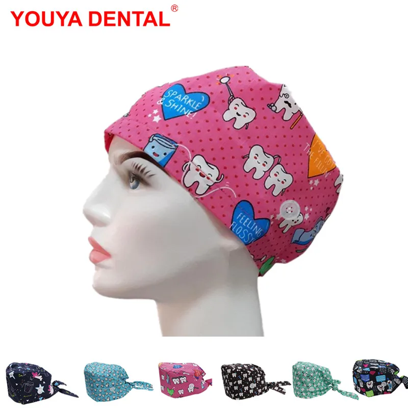 Dental-Surgical-Cap-Dentist-Unisex-Nurse-Hat-With-Button-Tooth-Printing ...