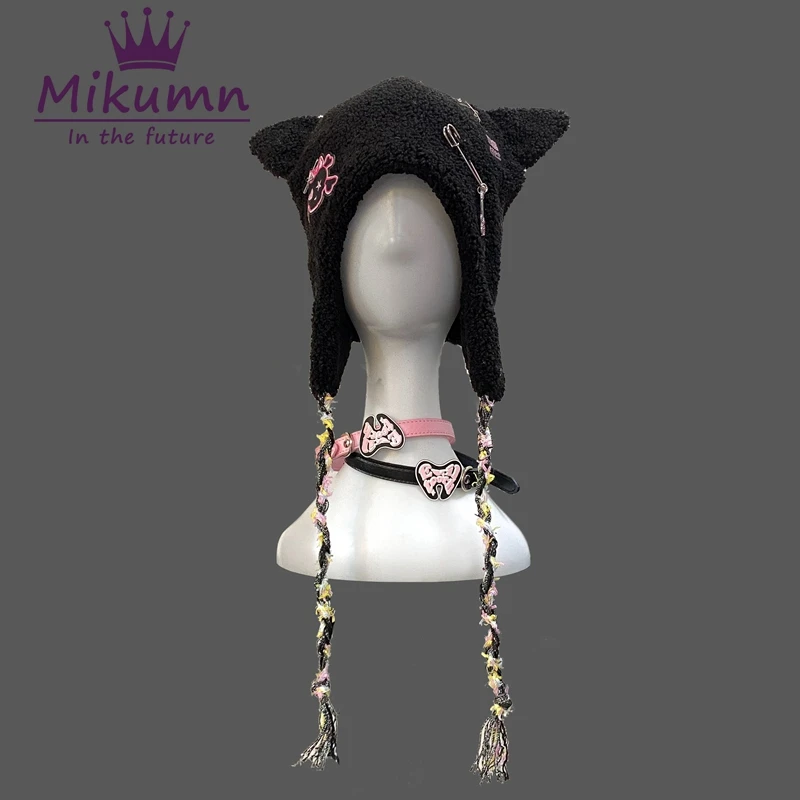 Japanese Harajuku Kawaii Black White Skull Cat Ears Hats For Women Girl ...
