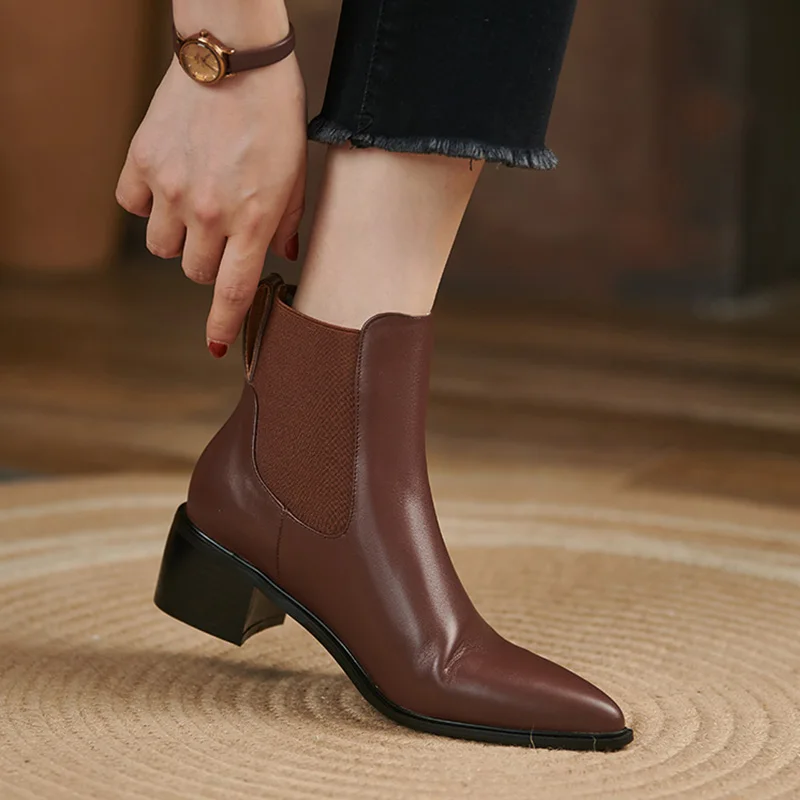 Botas de piel auténtica con punta en pico para mujer, botines modernos ...