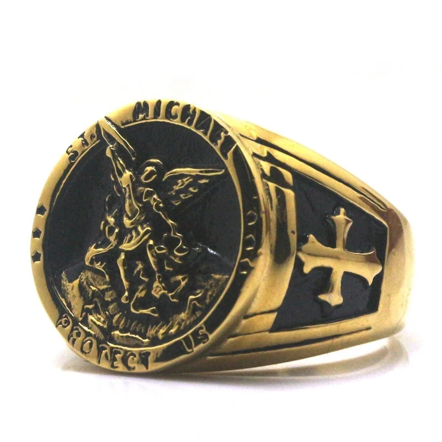 Mens Retro Fashion Ring Punk Religious Archangel Wings Patron Saint ...