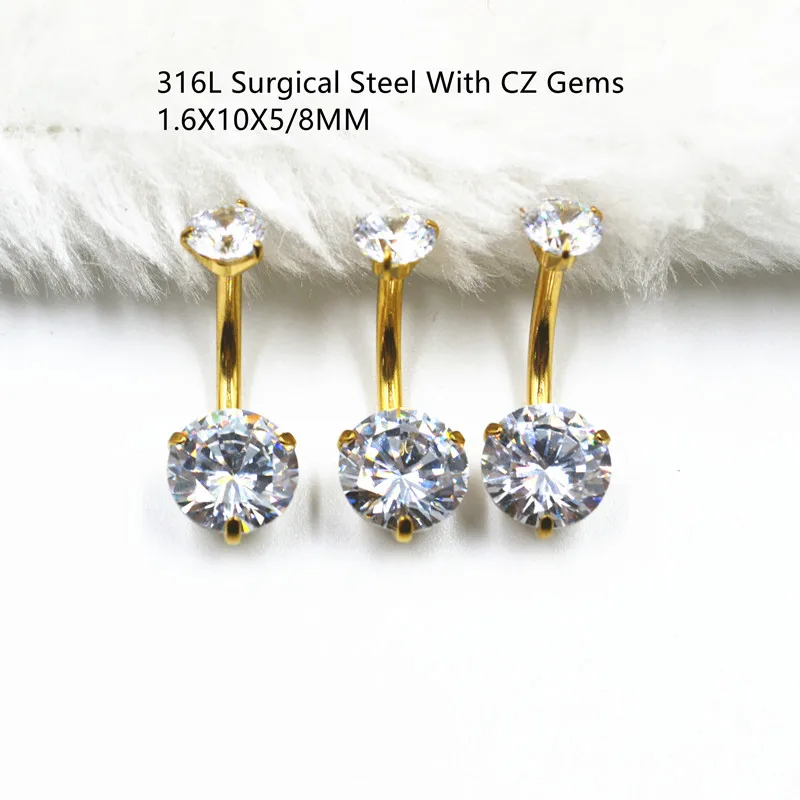 50pcs Surgical Steel Gold Clear Cz Navel Belly Ring Button Bar ...
