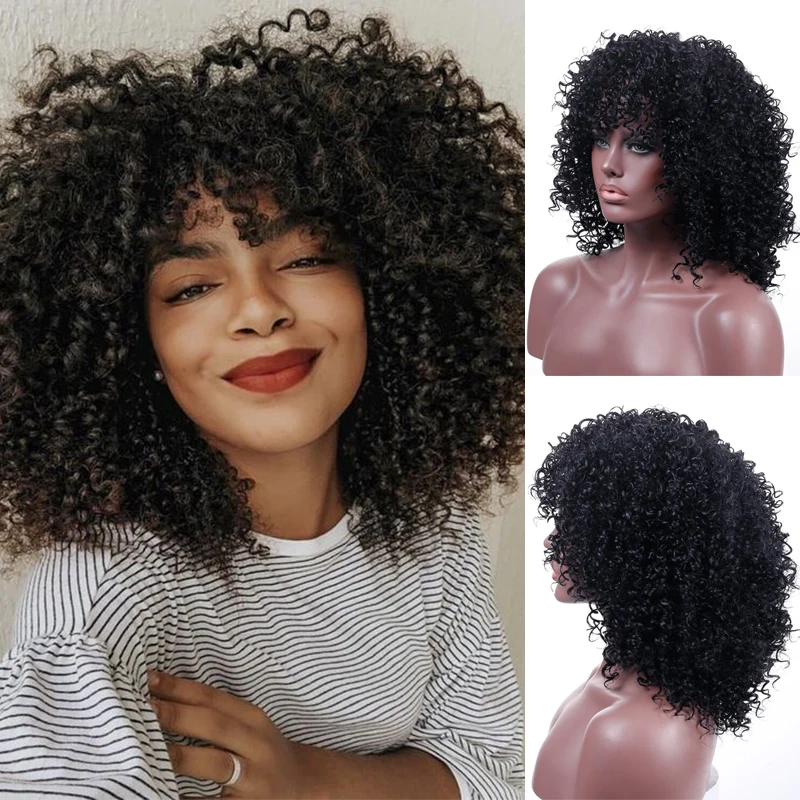 AILIADE peluca rizada negra africana, pelo negro, pelo rojo, flequillo ...