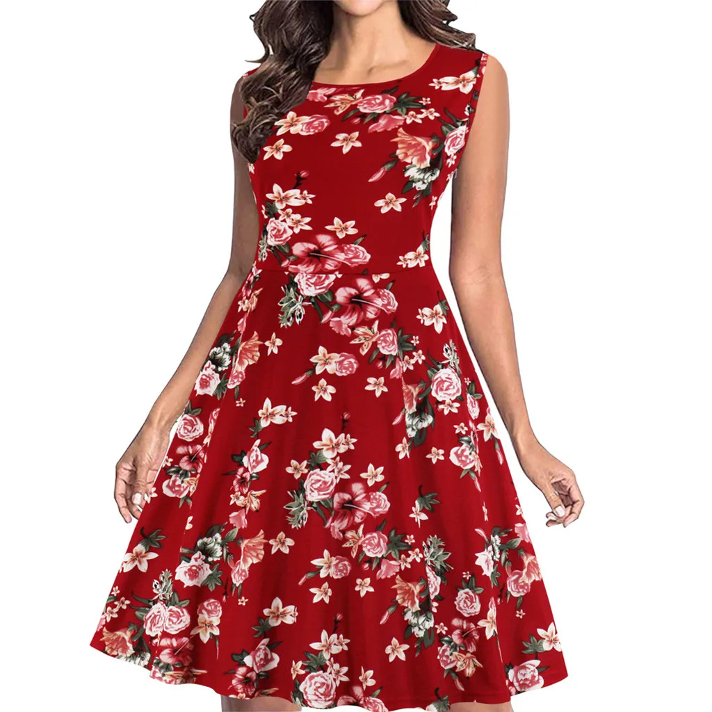 Womail Elegant Floralพิมพ์a Lineชุดผู้หญิงสบายๆฤดูร้อนชุดผู้หญิงo Neck