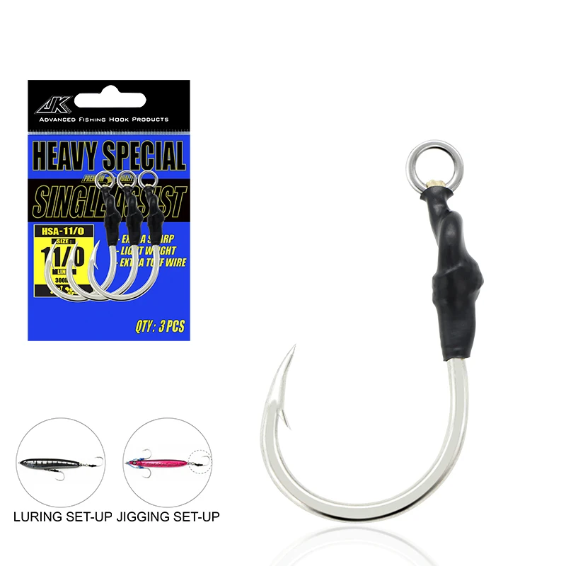 JK HSA 1/0 11/0 4X Heavy Duty High Carbon Steel Jigging Hooks Kevlar Assist Line Solid Ring ...