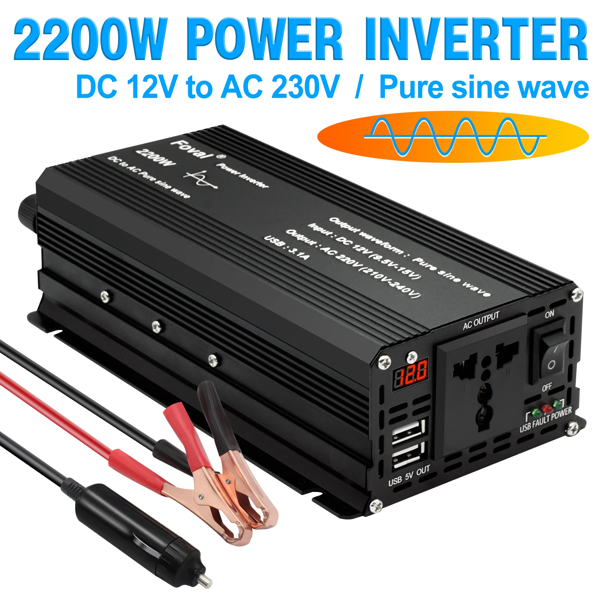 Pure Sine Wave 1500w 2200w Dc 12v To 220v Rate Power Peak Car Plug Inverter Adapter Power ...