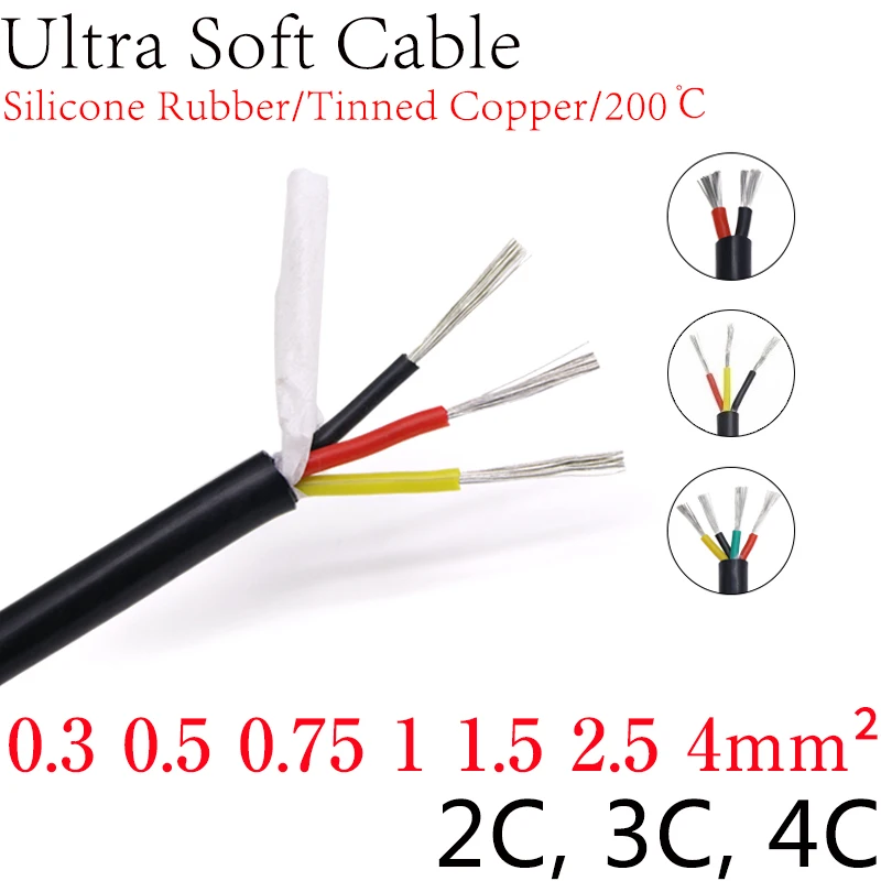 Square 0.3 0.5 0.75 1 1.5 2 2.5 4mm Ultra Soft Silicone Rubber Cable 2 3 4 Cores Insulated ...