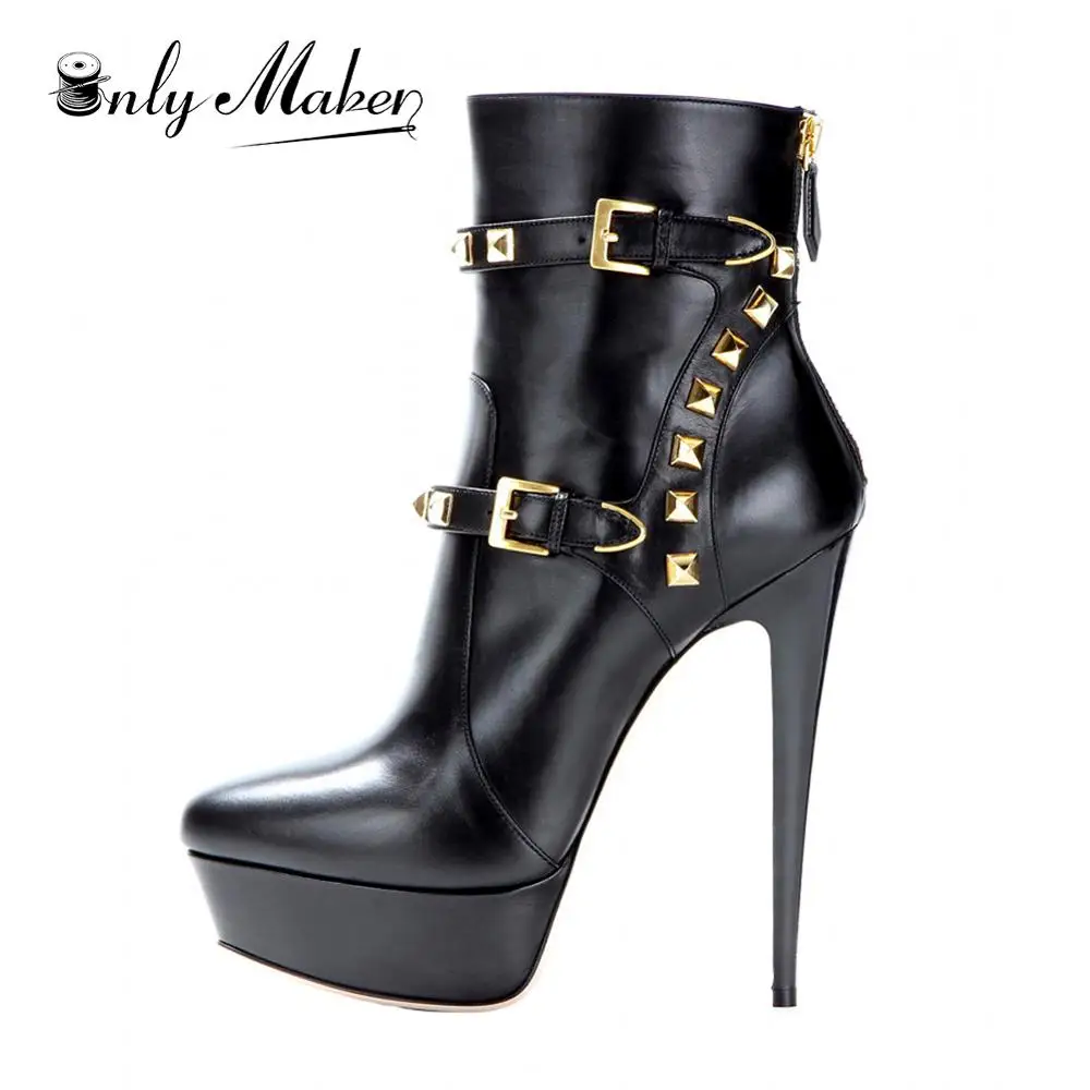 Onlymaker Women Platform Rivet Buckle Ankle Boots 16CM Thin High Heel ...