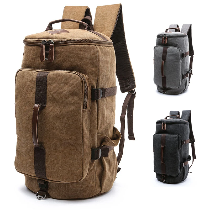 Large-Men-Cylinder-Backpacks-Canvas-Luggage-Shoulder-Bags-Duffle-Hiking ...