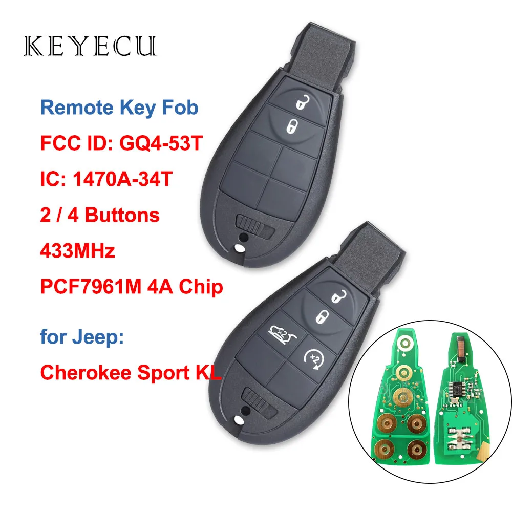 Keyecu GQ4-53T Remote Key Fob 2 4 Buttons 433MHz PCF7961M 4A Chip for Jeep Cherokee Sport KL ...