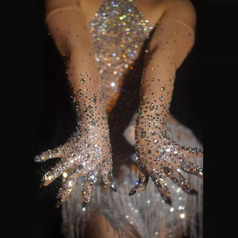 Women Sparkly Crystal Mesh Long Gloves Dancer Singer Nightclub Dance ...