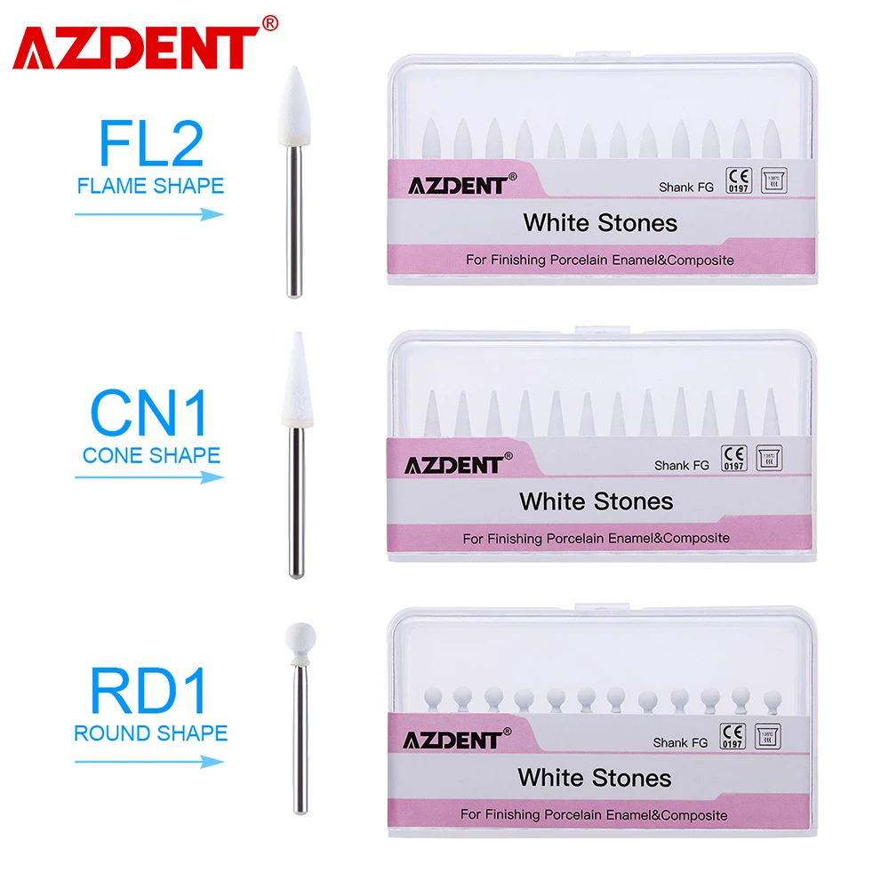 12Pcs/Box AZDENT Dental Flame White Stone Polishing FG Burs FL2 ...