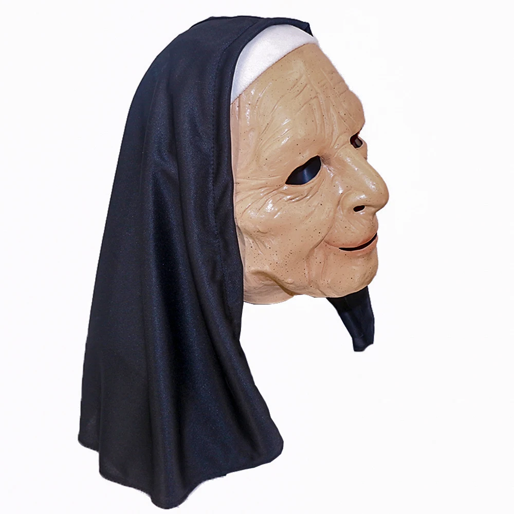 Old Lady Nun Mask Realistic Full Head Human Latex Mask With Hat Old