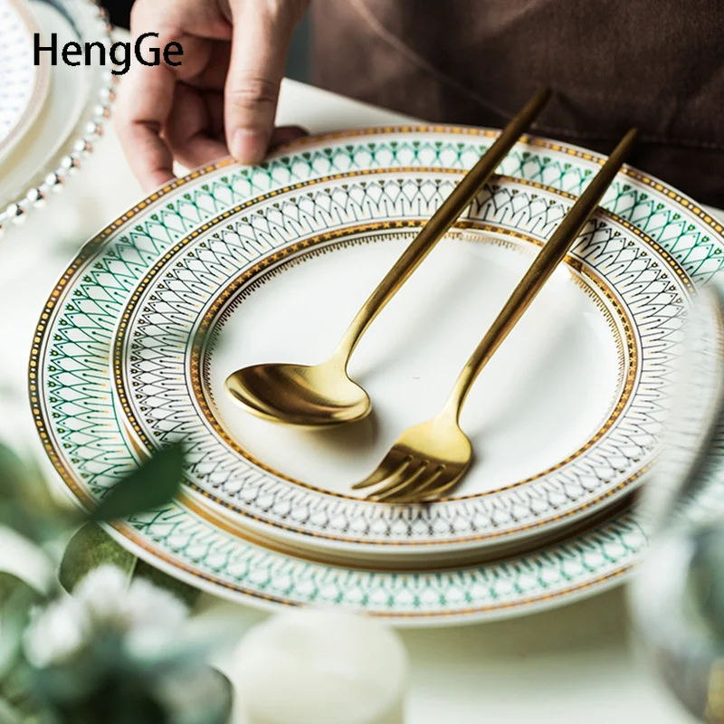 European-Gilded-Bead-Ceramic-Plate-Banquet-Dessert-Plate-Golden-Stroke ...