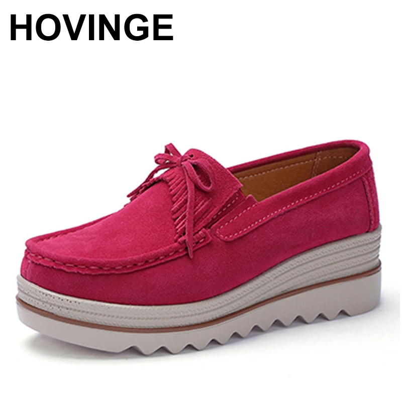 Hovinge 봄 여성 플랫 슈즈 플랫폼 스니커즈 슬립온 가죽 스웨이드 여성 로퍼 캐주얼 신발여성용 플랫