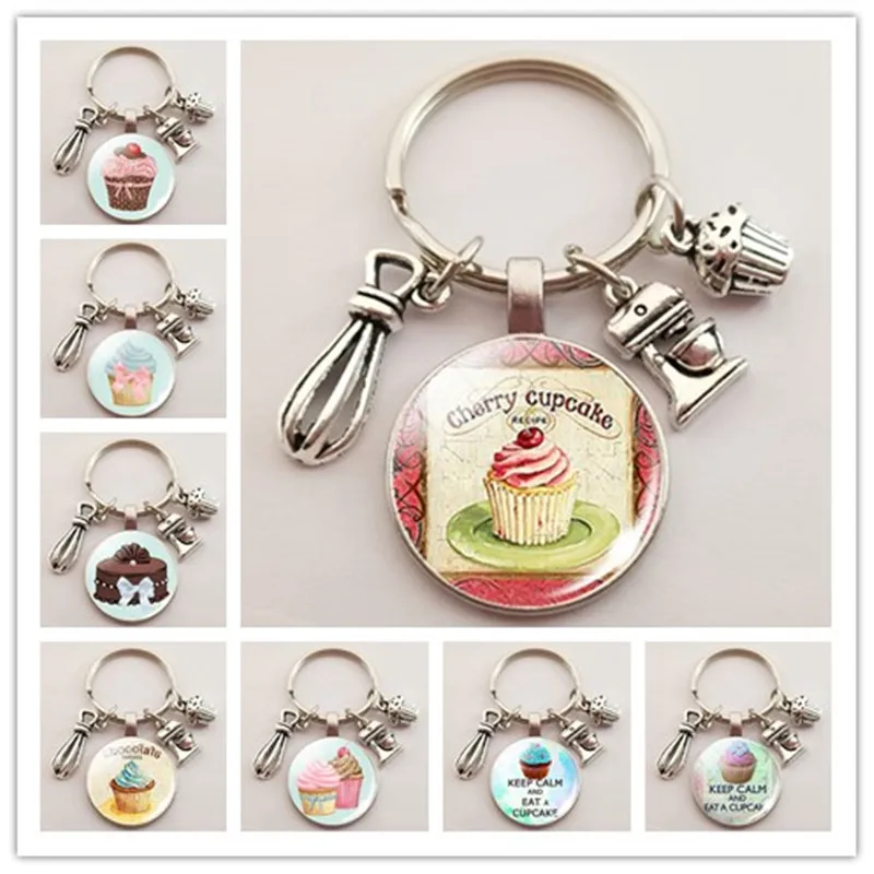 New-cake-cup-keychain-cute-dessert-glass-convex-round-pendant-metal ...