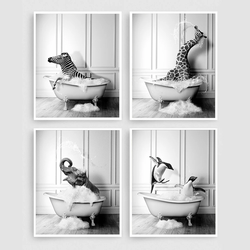 Nordic Tier Schwarz und Weißen Elefanten Zebra Penguins Giraffe In Badewanne Leinwand Malerei ...