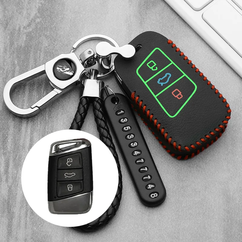 Luminous Genuine Leather Car Key Remote Cover Case For Volkswagen ...