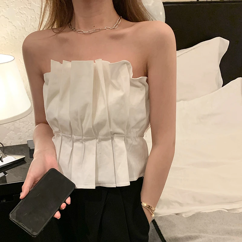 Girls Elegant White Tube Tops Women's Pleated Wrap Tubes Bandeau Short ...