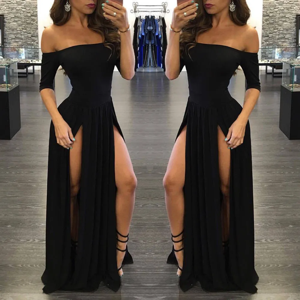 Women Sexy Slash Neck Maxi Dress Solid Color High Slit Formal Party ...