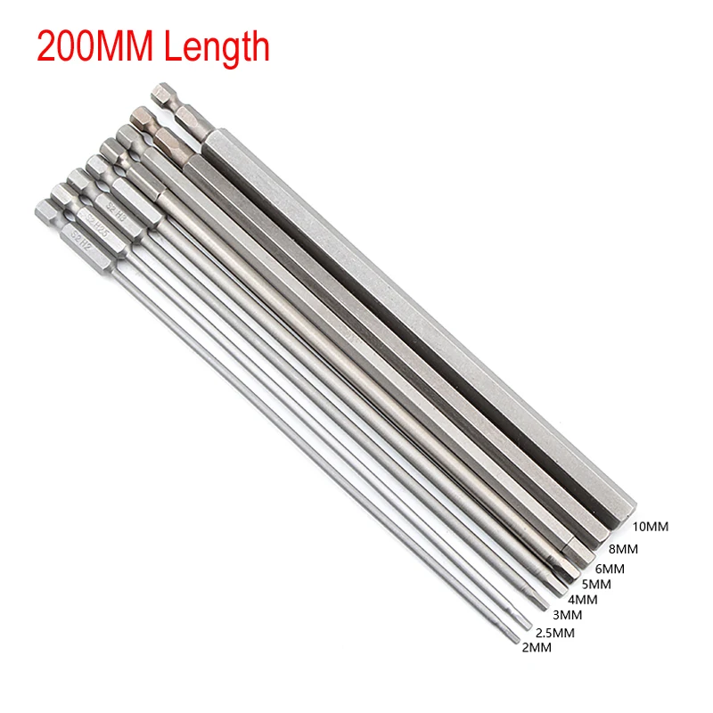 200mm Long S2 Electric Screwdriver Hexagon Bit Set Hard Hex Head 1/4 ...