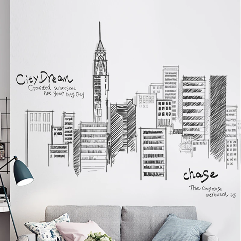 Wall Stickers Large Tall City Buildings Set Art Wall Decal PVC DIY ...