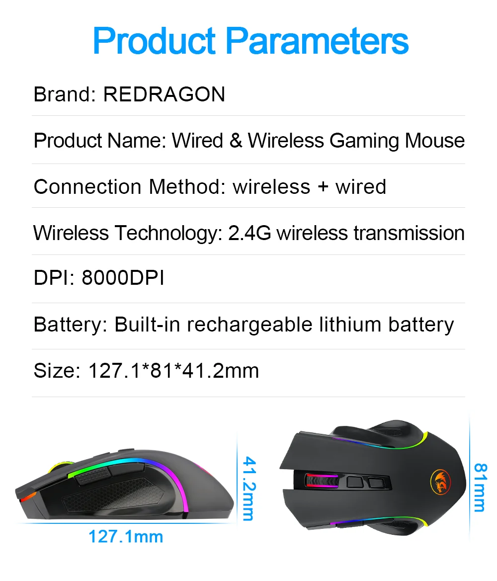 REDRAGON Griffin M602 KS RGB USB 2.4G Wireless Gaming Mouse 8000 DPI 8 ...