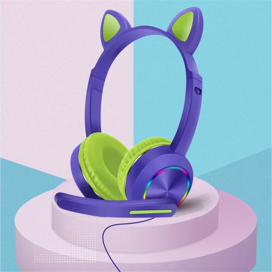 Cat Ear Headset Girls Wired Headphones Led Light Stereo Sound With ...