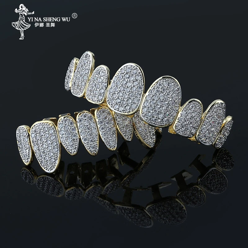 New Arrival Hip Hop Gold Color Iced Out Teeth Grillz Top & Bottom ...