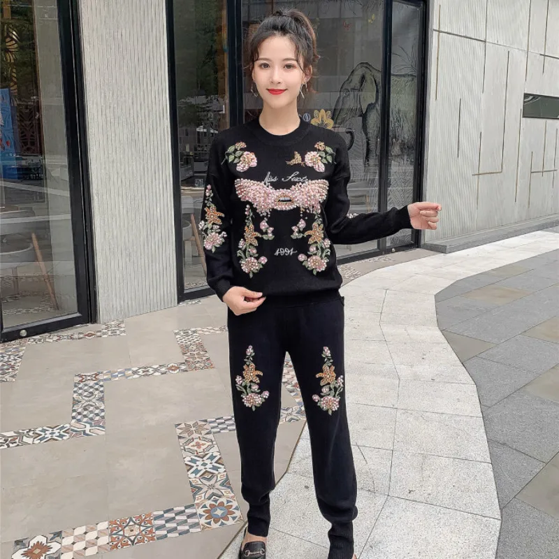 Женский свитер, костюм, Осенние вязаные свитеры, штаны, 2 предмета ...