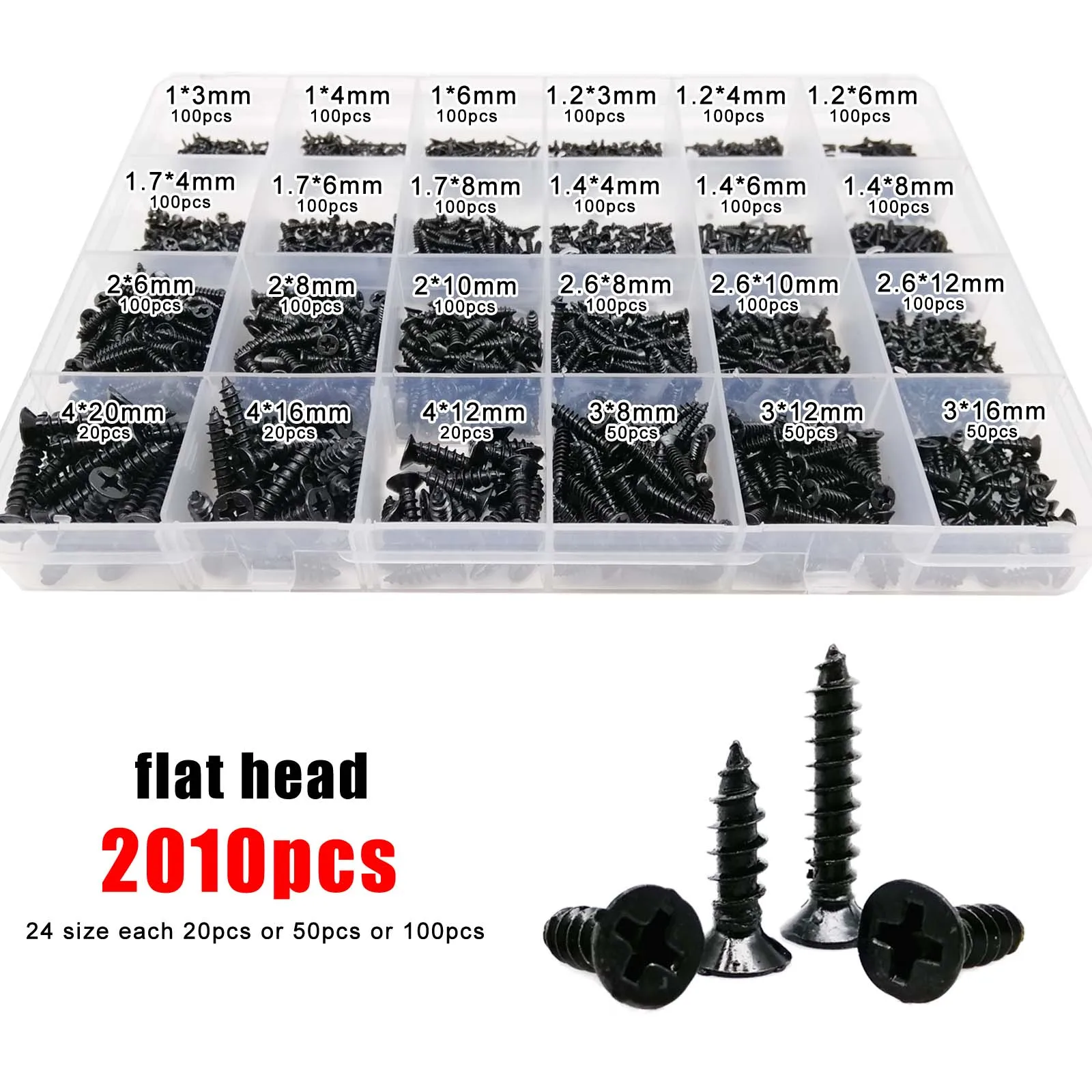 Flat head 2010pcs -Kit de vis en bois autotaraudeuses, Mini croix Phillips à tête fraisée ronde ...