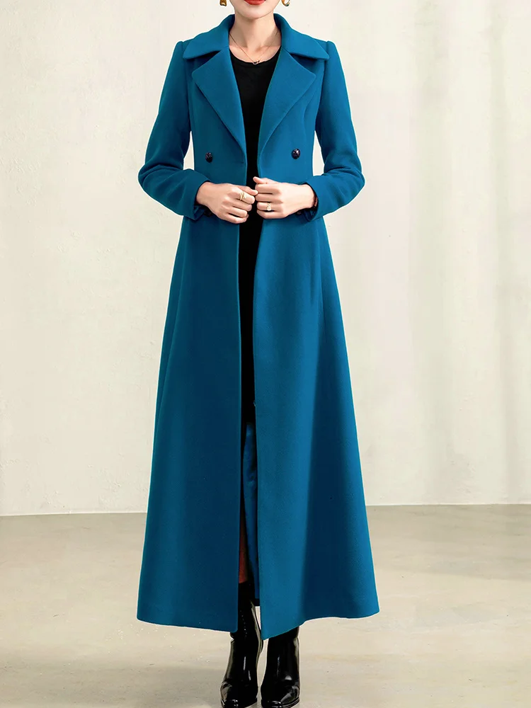 Lake Blue Cashmere Long Coat Winter Peacock Temperament Double Breasted ...