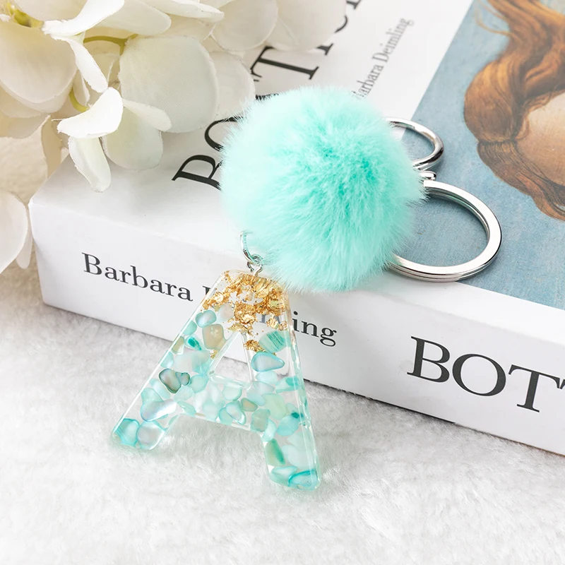 New Blue Pompom Letter Keychain Words Keyring With Puffer Ball Glitter ...