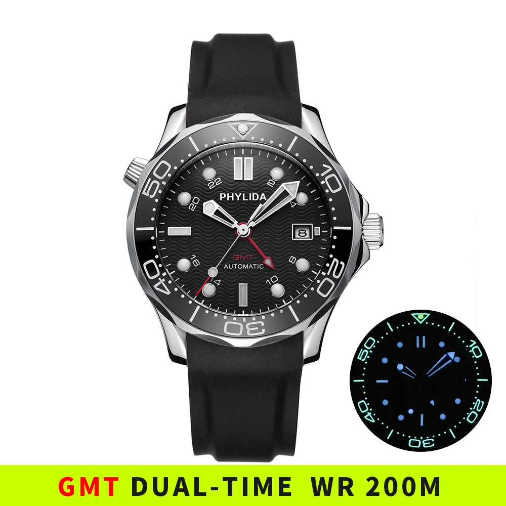 Phylida 200m Water Resistant Gmt Dual Time Black Wave Dial Automatic ...