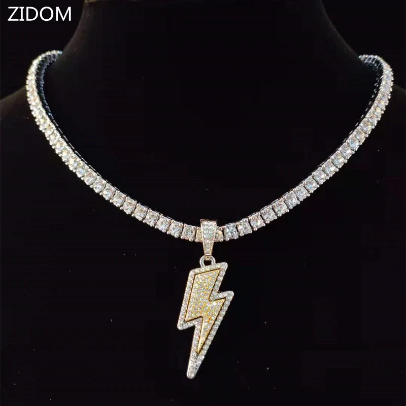 Men Hip Hop Lightning Pendant Necklace With 4mm Zircon Tennis Chain ...