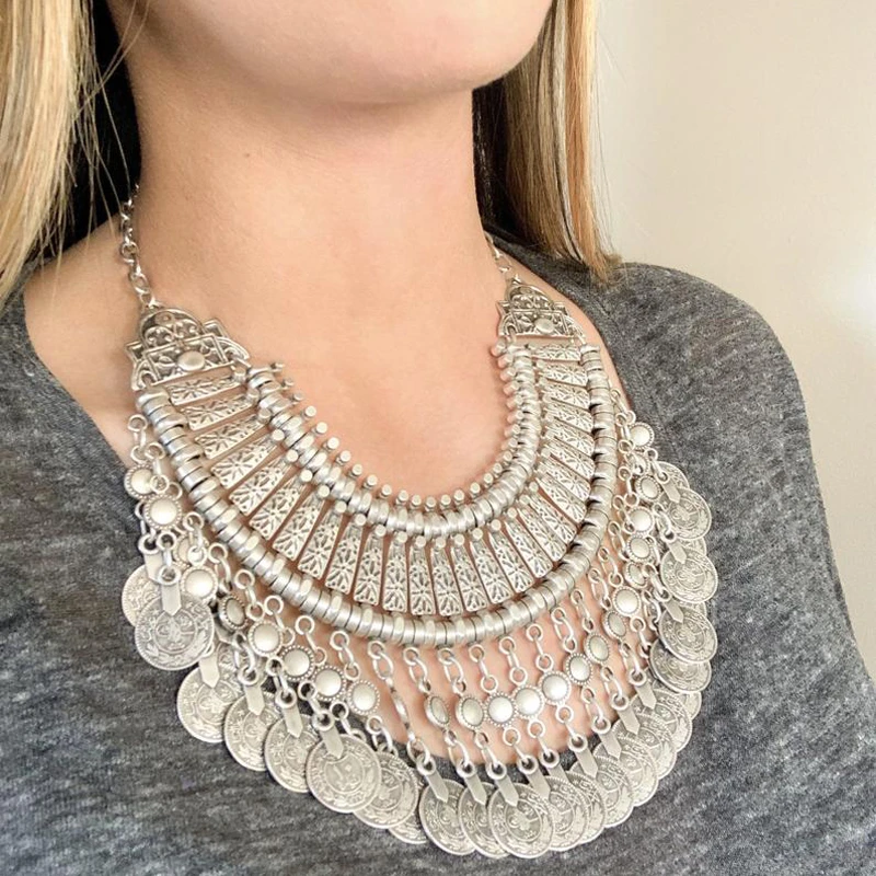 Classic Antique Silver Coin Tassel Statement Choker Necklace Drop ...