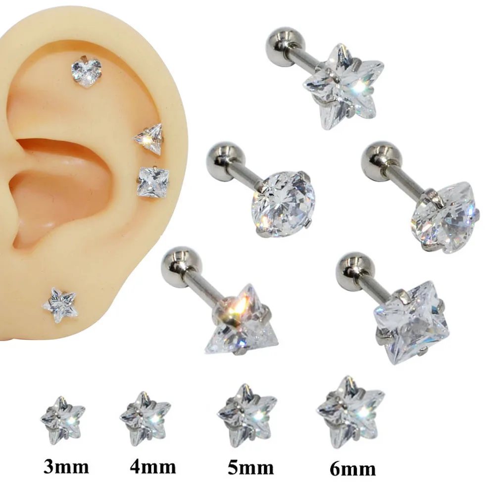 1pcs Surgical Steel Zircon Gem Star Heart Square Triangle Ear Tragus ...