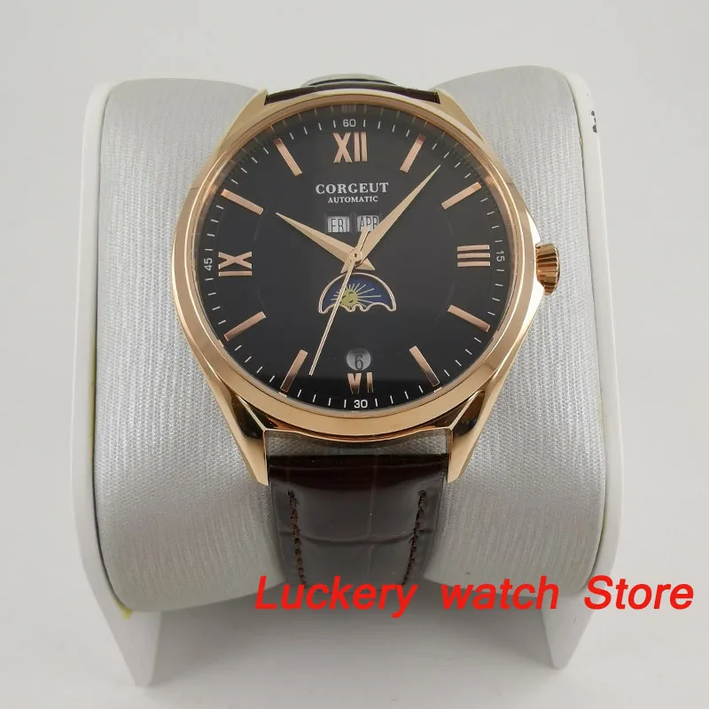 40mm Corgeut Men's Watch Black Dial Date Moon Phase Rose Gold Coating ...