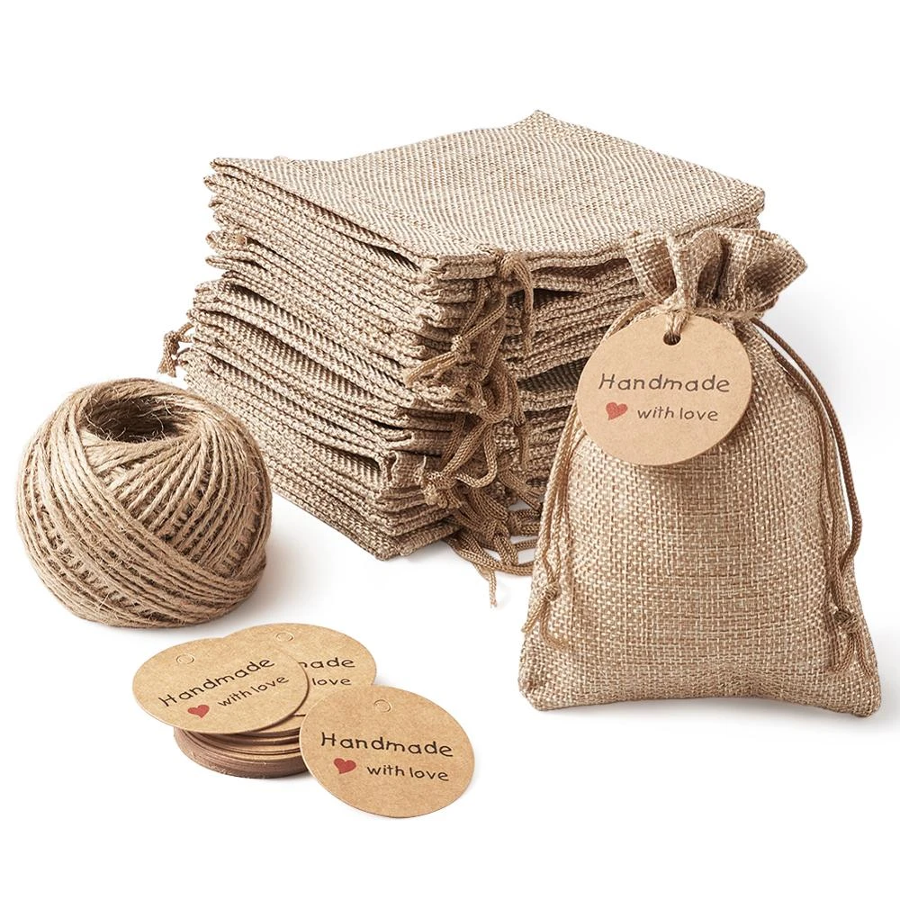 Burlap Packing Pouches Drawstring Bags with Jewelry Display Kraft Paper ...