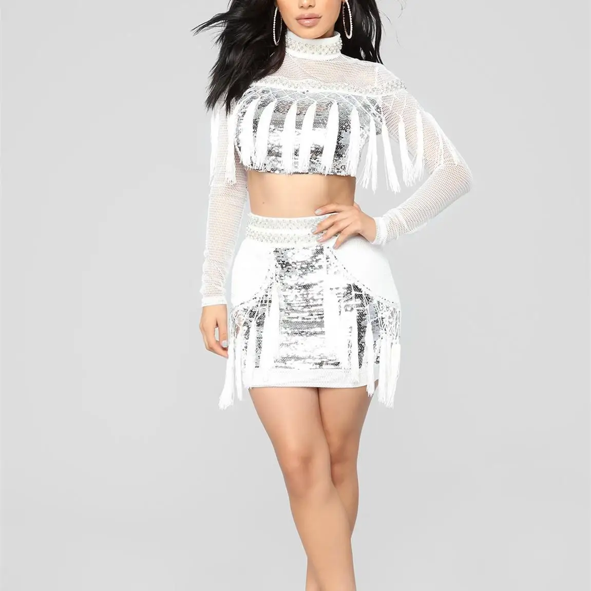 Sexy Party Club Sequin Set Two Pieces Suit Short Women Mesh Tassel Long ...