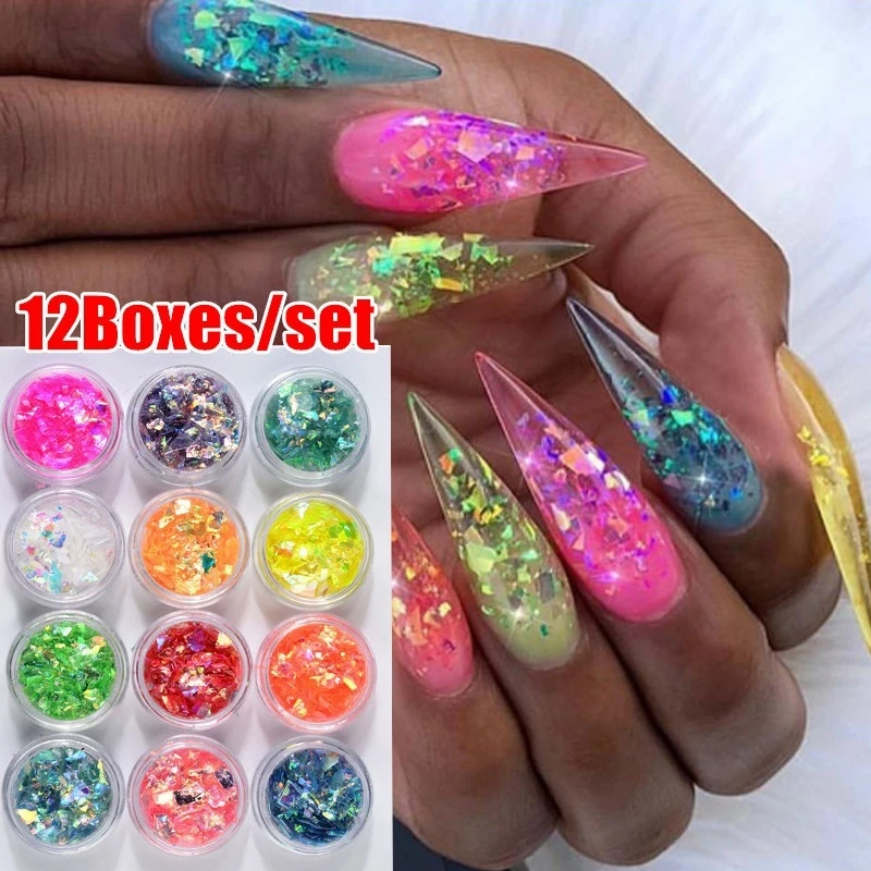 12 Boxes/set Nail Dust Powder Laser Colorful Broken Paillette Nail ...