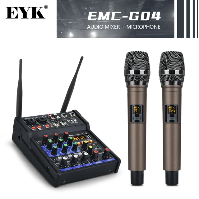 EYK Stereo Audio Mixer Build-in UHF Wireless Mics 4 Channels Mixing ...